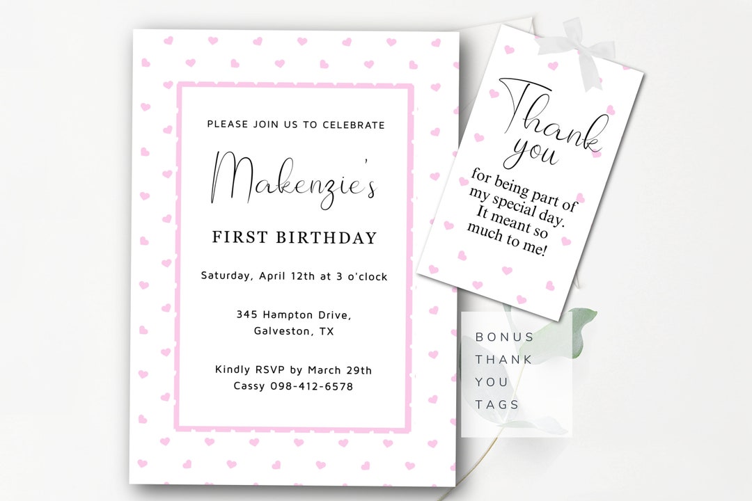Girls Birthday Invitation Pink Hearts Invitation Editable Heart ...