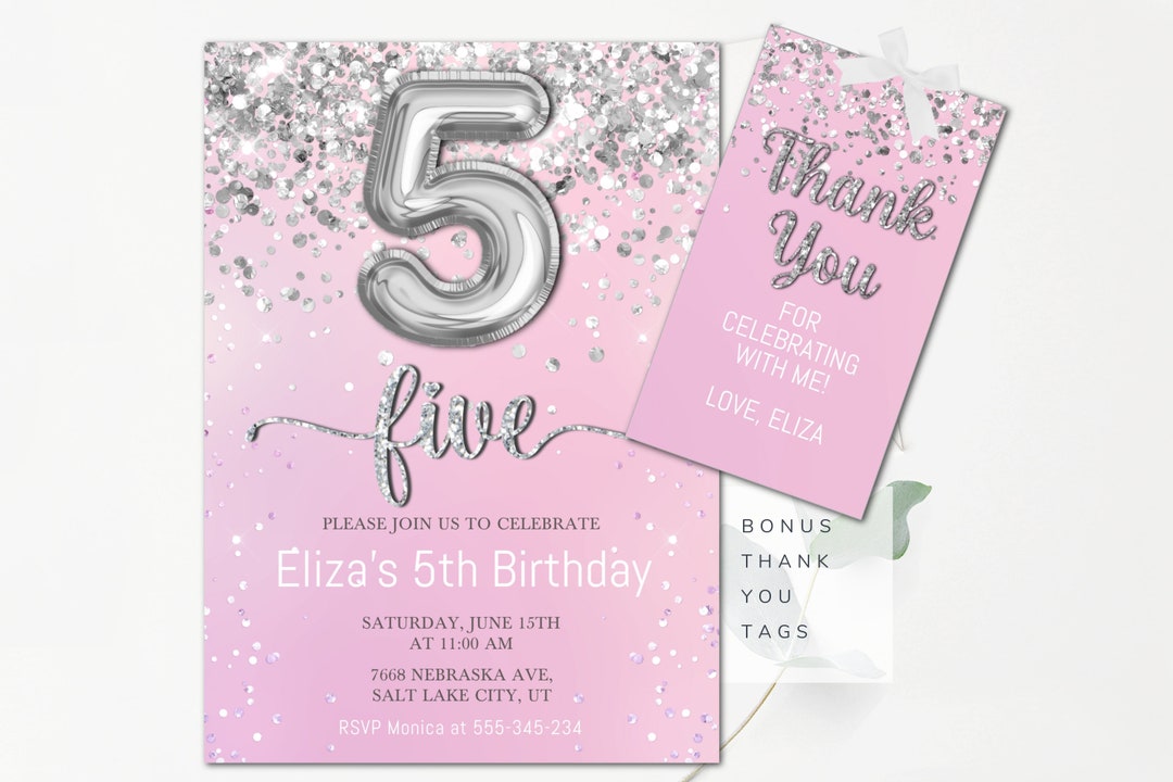 Girls 5th Birthday Invitation Template Birthday Pink Glitter Invitation ...