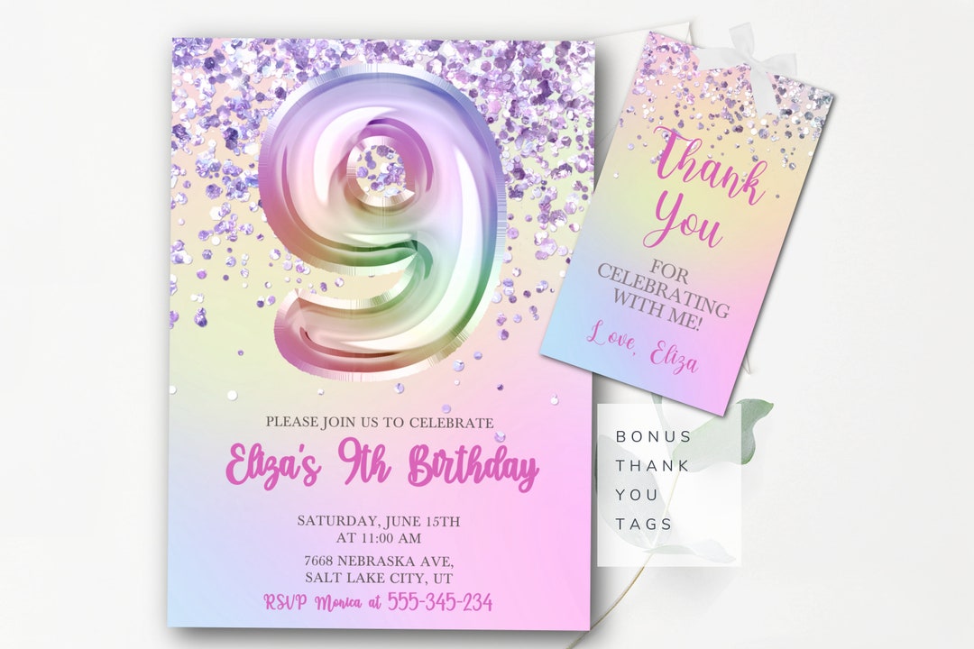 Editable 9th Birthday Invitation Template Girls Glitter Birthday Invite ...
