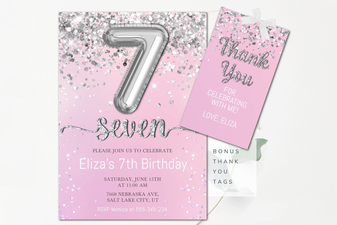 Girls 7th Birthday Invitation Template Birthday Pink Glitter Invitation ...