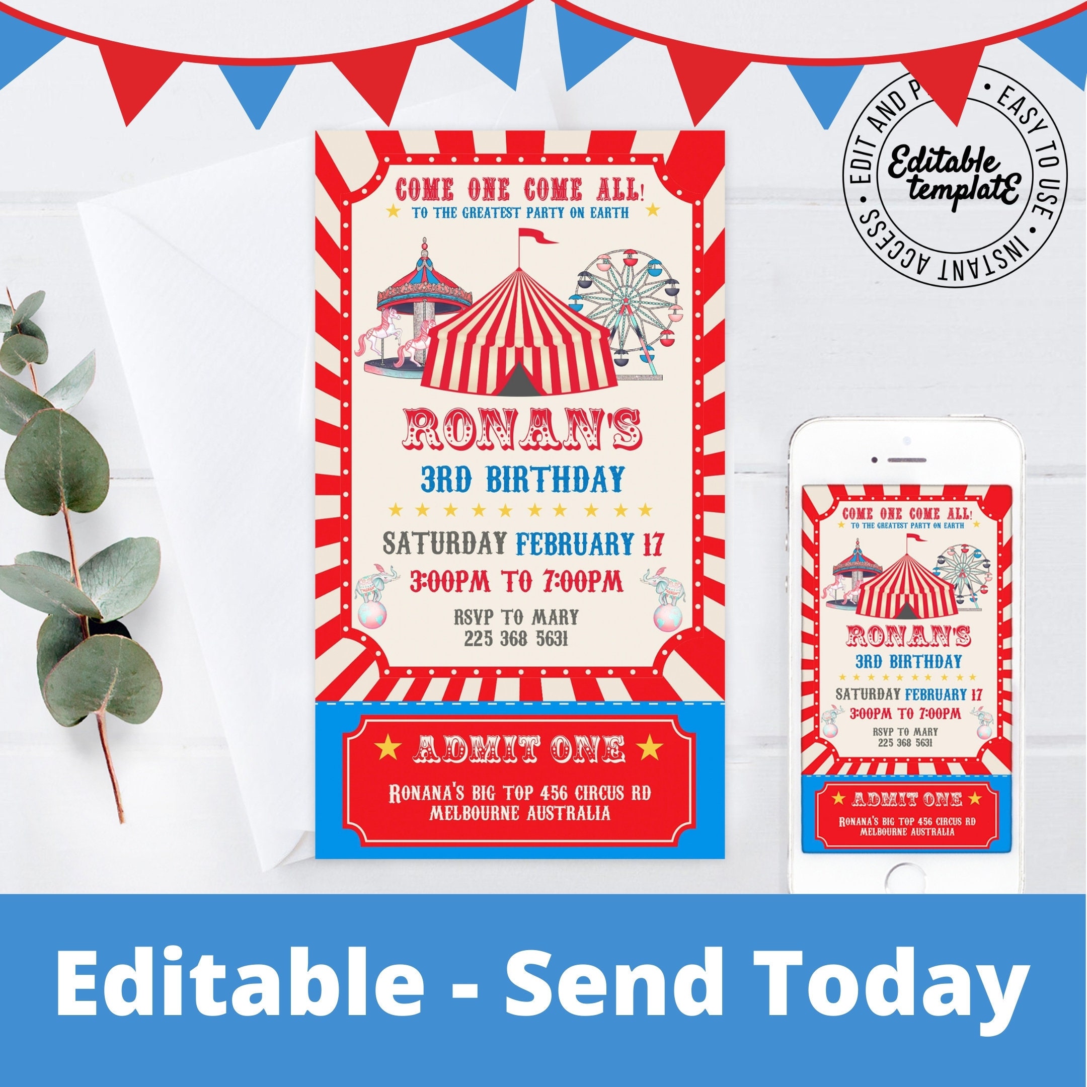 Editable circus ticket invitation Circus Invitation template | Etsy