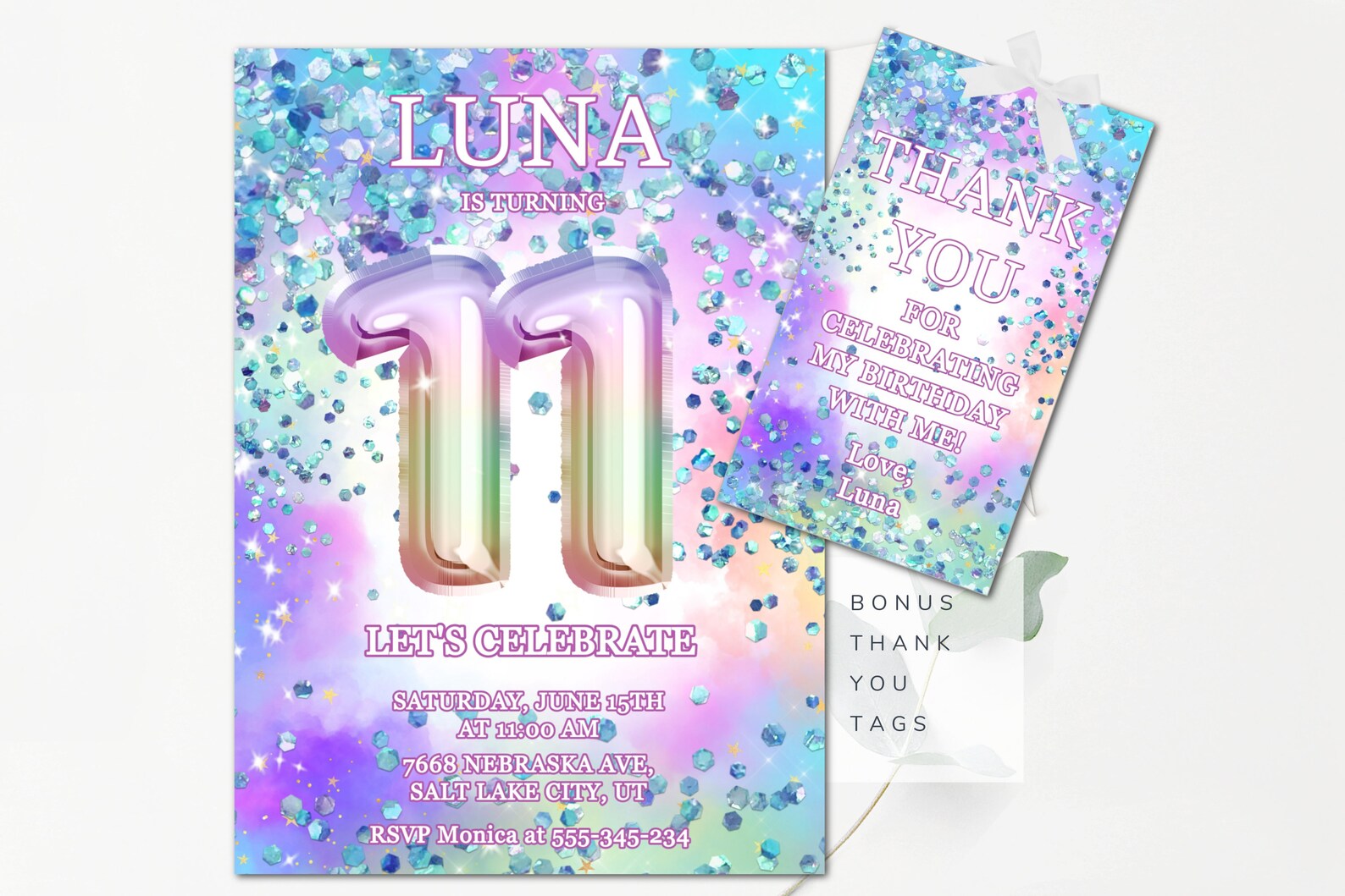 Girls 11th Birthday Invitation Editable Glitter Birthday Invitation ...