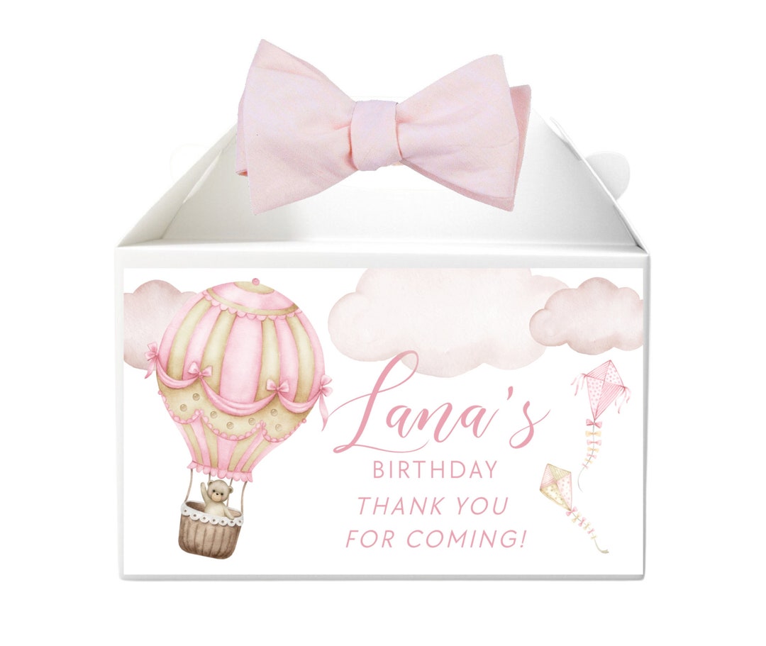 Pink Hot Air Balloon Birthday Gable Gift Box Label Editable Balloon ...