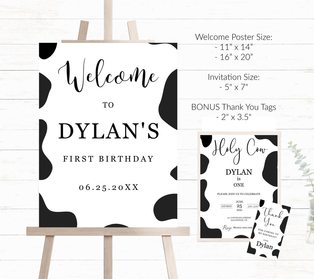 Editable Cow Birthday Welcome Sign Template Minimalist Cow Print ...