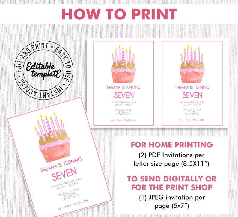 Girls 7th Birthday Invitation Template Pink Cupcake Seventh Birthday ...