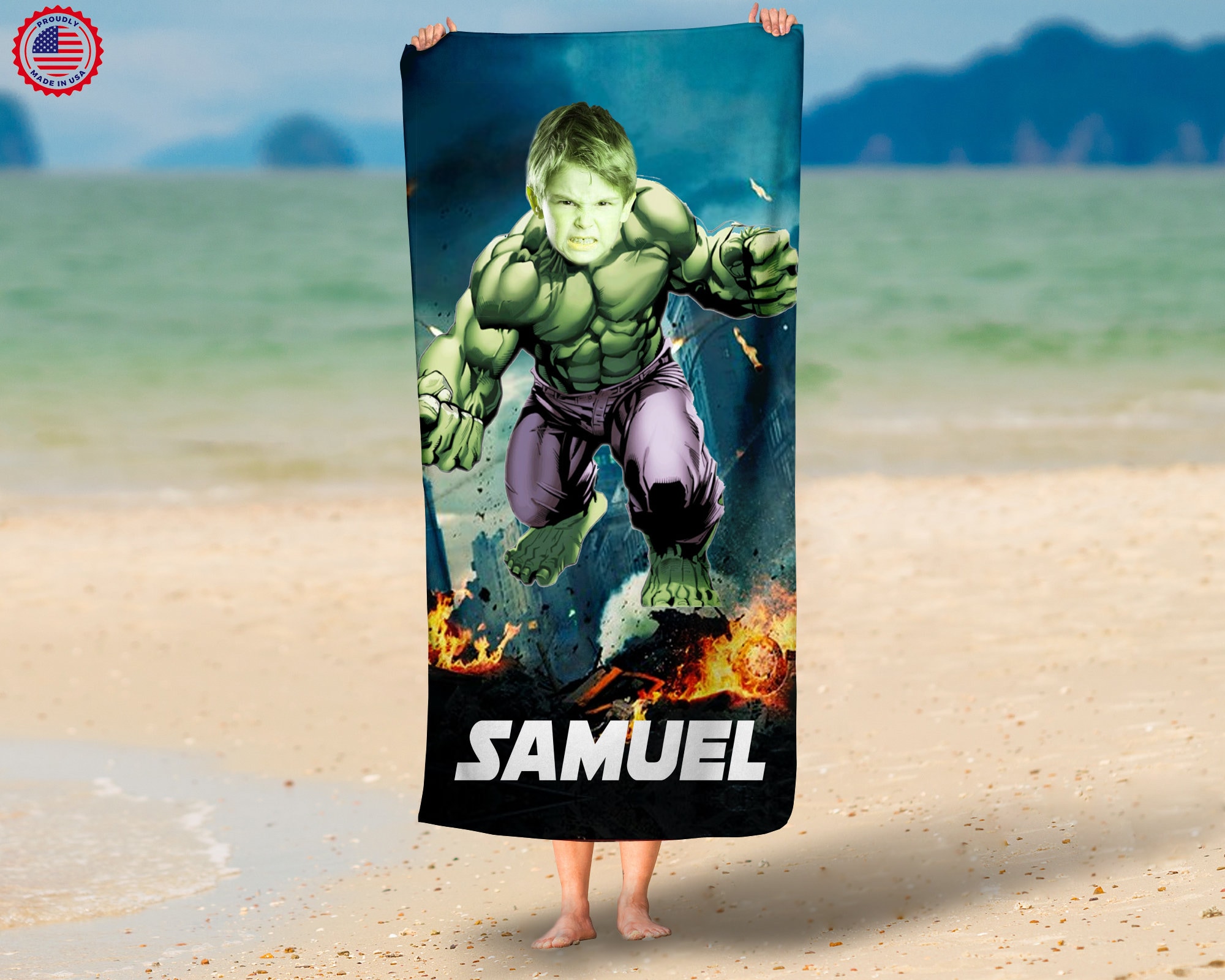 Personalized Super Hero Hulk Towel/ Photo Personalized Face Beach ...