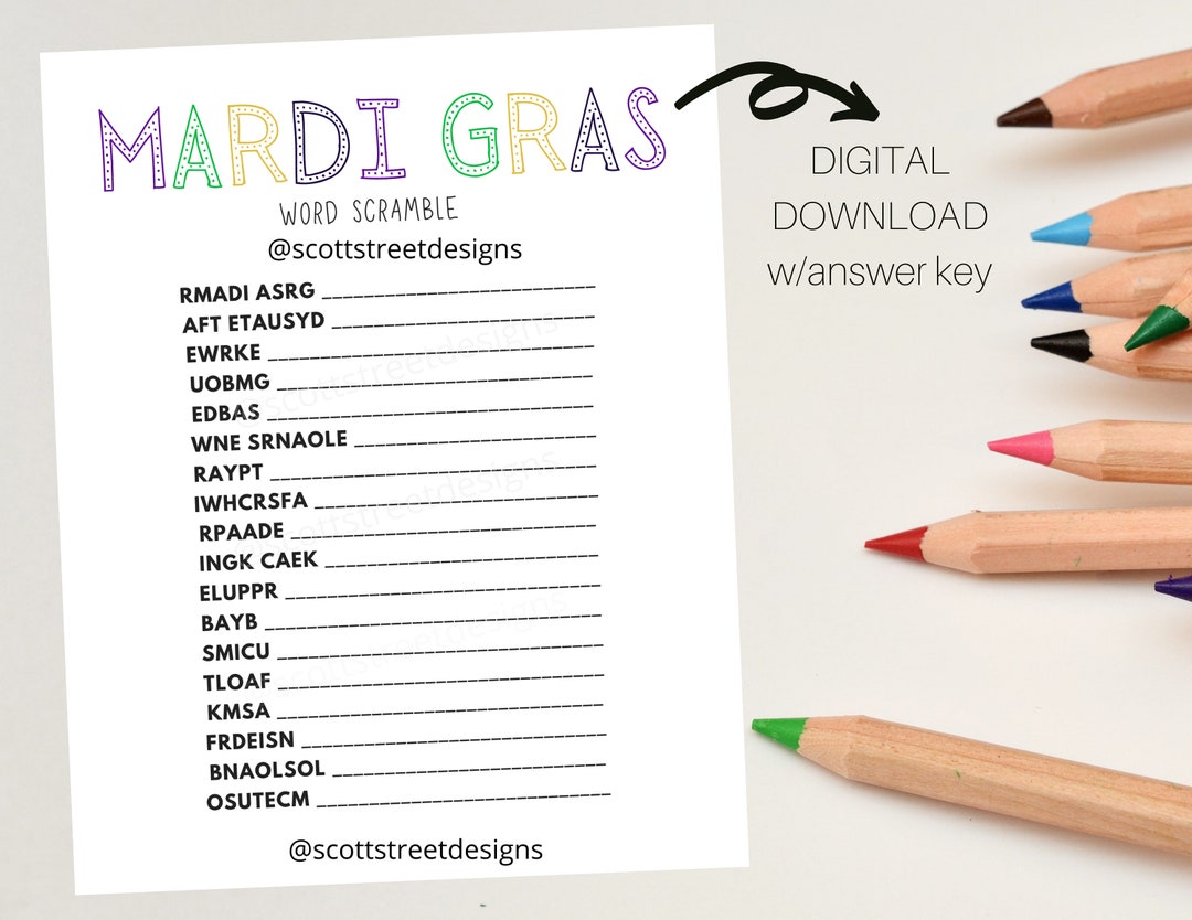 Mardi Gras Printable Game | Word Scramble | Fat Tuesday Game | Digital ...