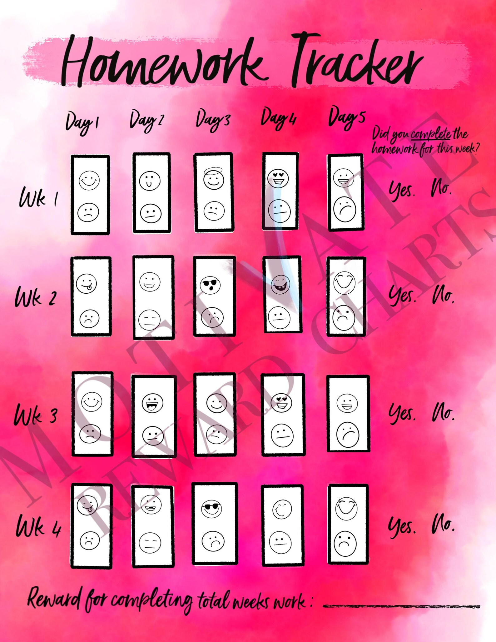 Reward Chart - Homework Tracker - Planner -homework - Teens - School ...