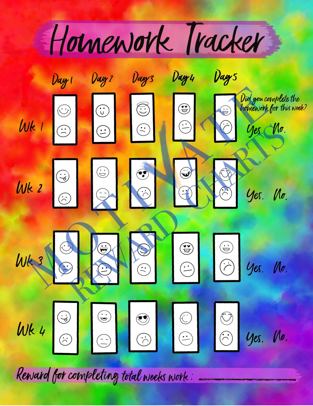 Tie Dye Dream Homework Tracker Reward Chart Good Behavior - Etsy