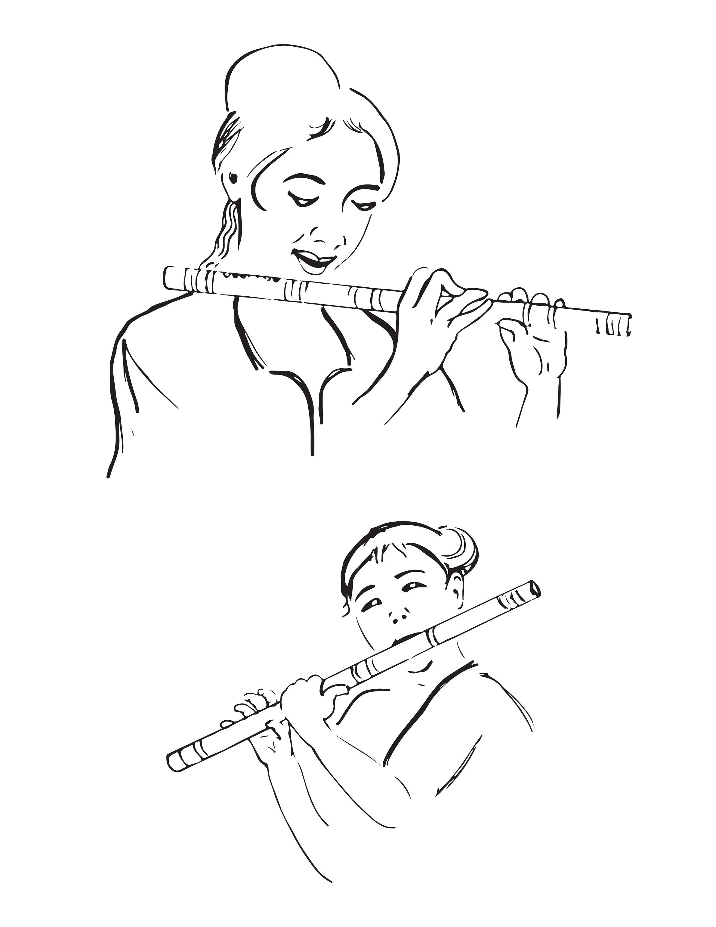 Digital Download, Printable Art - Two Women Playing Flute, Line Drawing ...