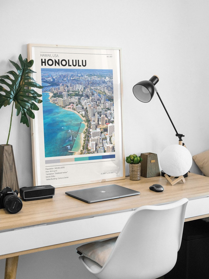Honolulu Poster / Hawaii Travel Poster / Waikiki Skyline - Etsy