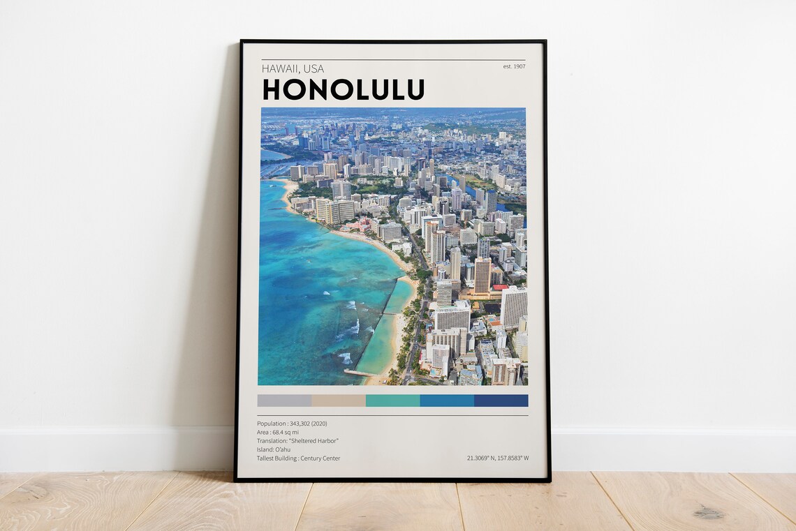 Honolulu Poster / Hawaii Travel Poster / Waikiki Skyline - Etsy