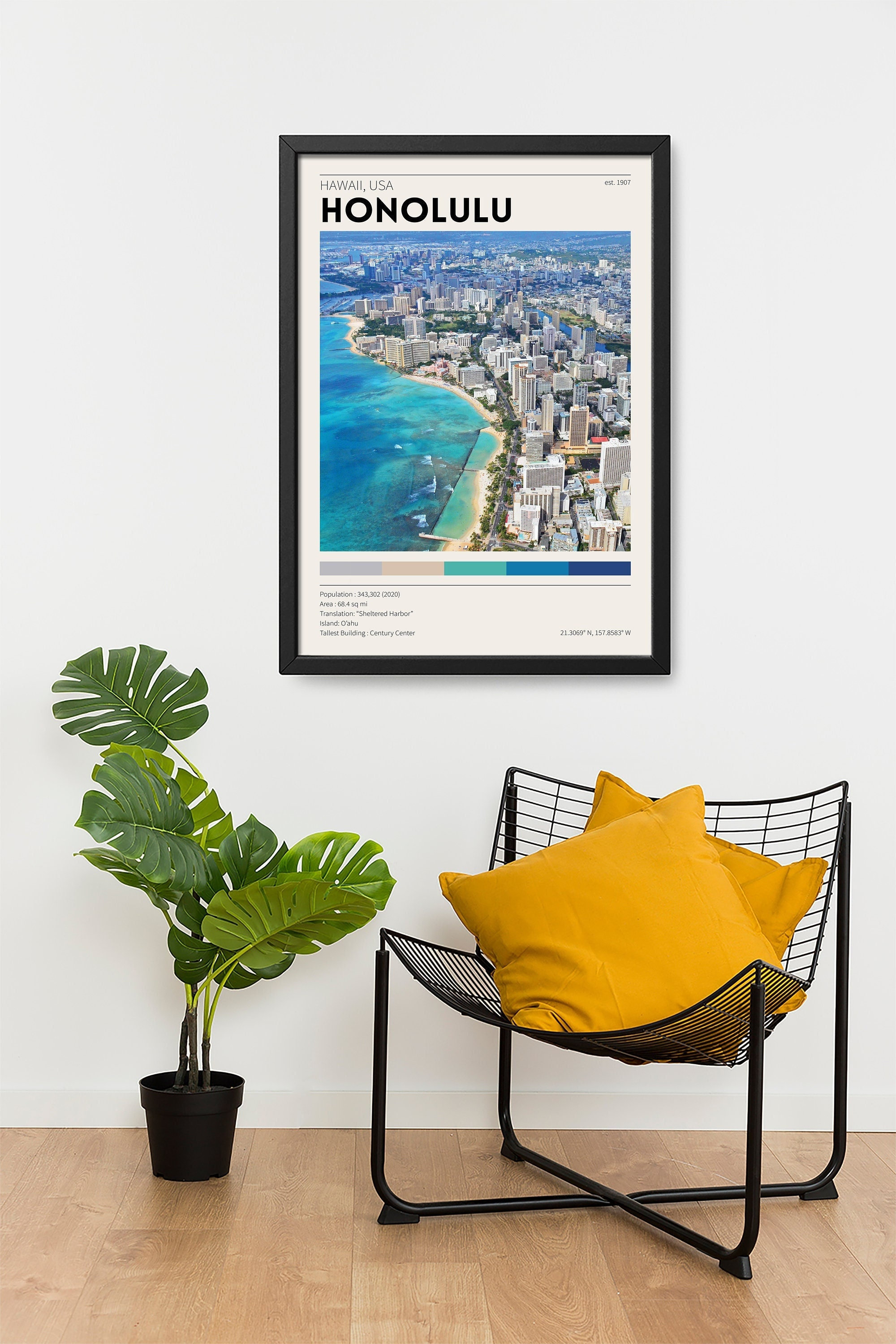 Honolulu Poster / Hawaii Travel Poster / Waikiki Skyline - Etsy