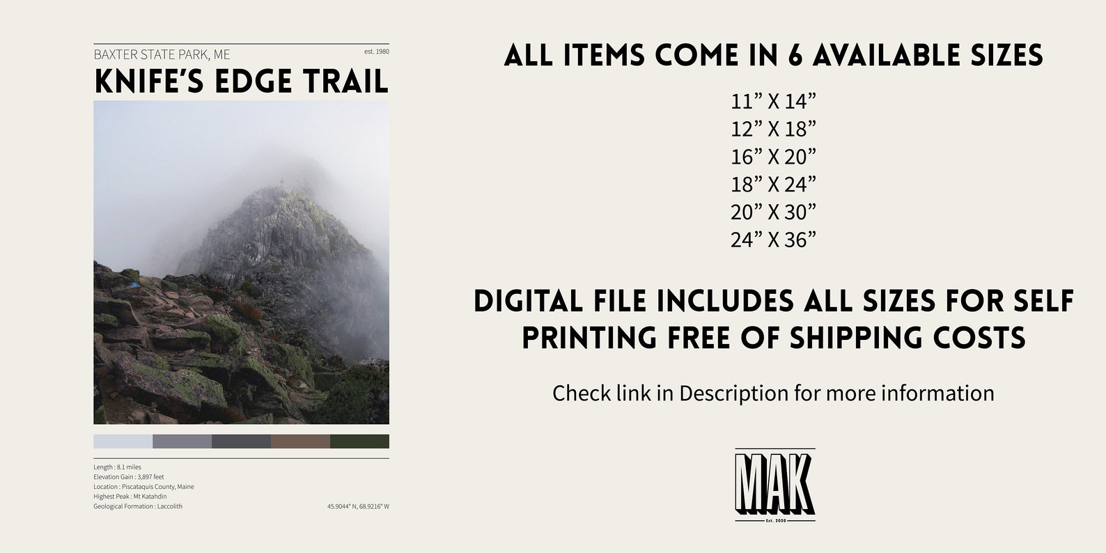 Knife's Edge Trail / Baxter State Park Poster / Maine Travel Poster ...
