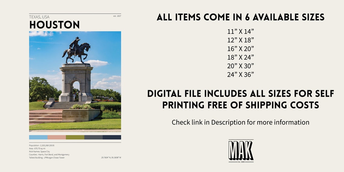 Houston Texas Poster / Sam Houston Statue / Vintage City - Etsy