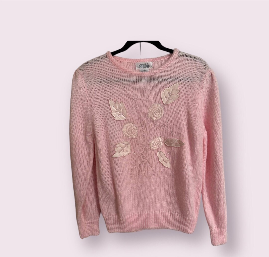 Vintage Here's a Hug Pink Sweater Floral Applique Small - Etsy