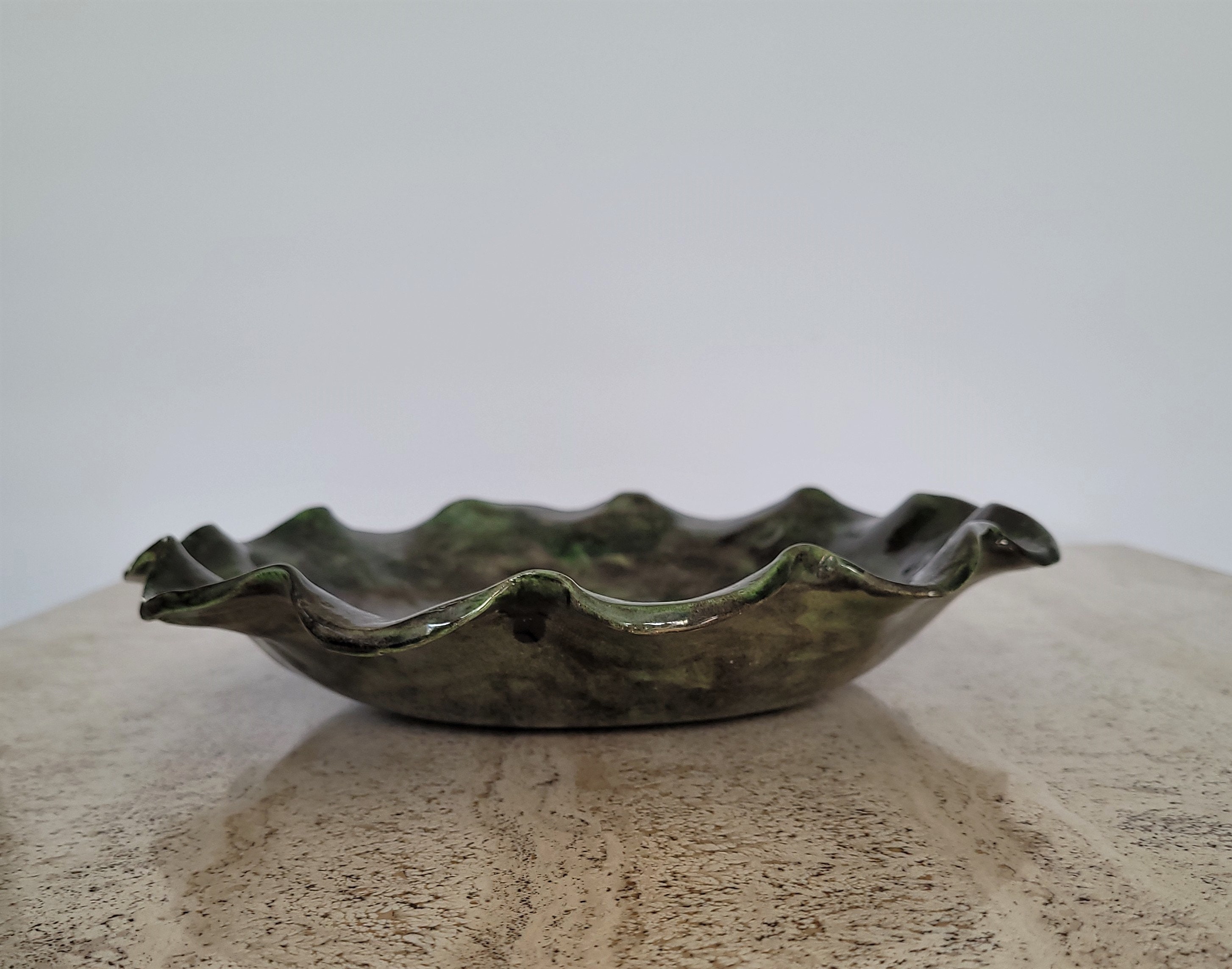 Vintage Dark Green Scalloped Edge Dish, Ruffled Edge Ceramic Pottery ...