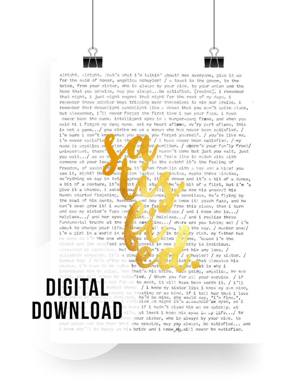 Digital Download Hamilton Lyrics for "satisfied" Hand Typed on ...