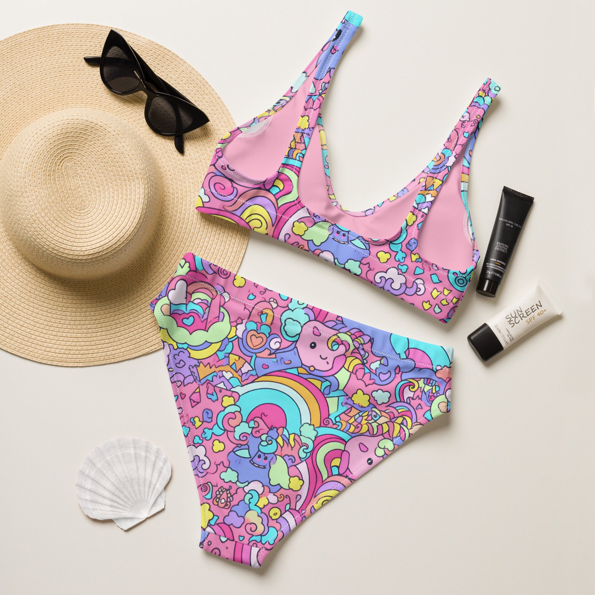 High Waisted Kawaii Bikini Set Decora Kei Bikini Top Pastel Rainbow Bikinis Hot Bikini Trendy