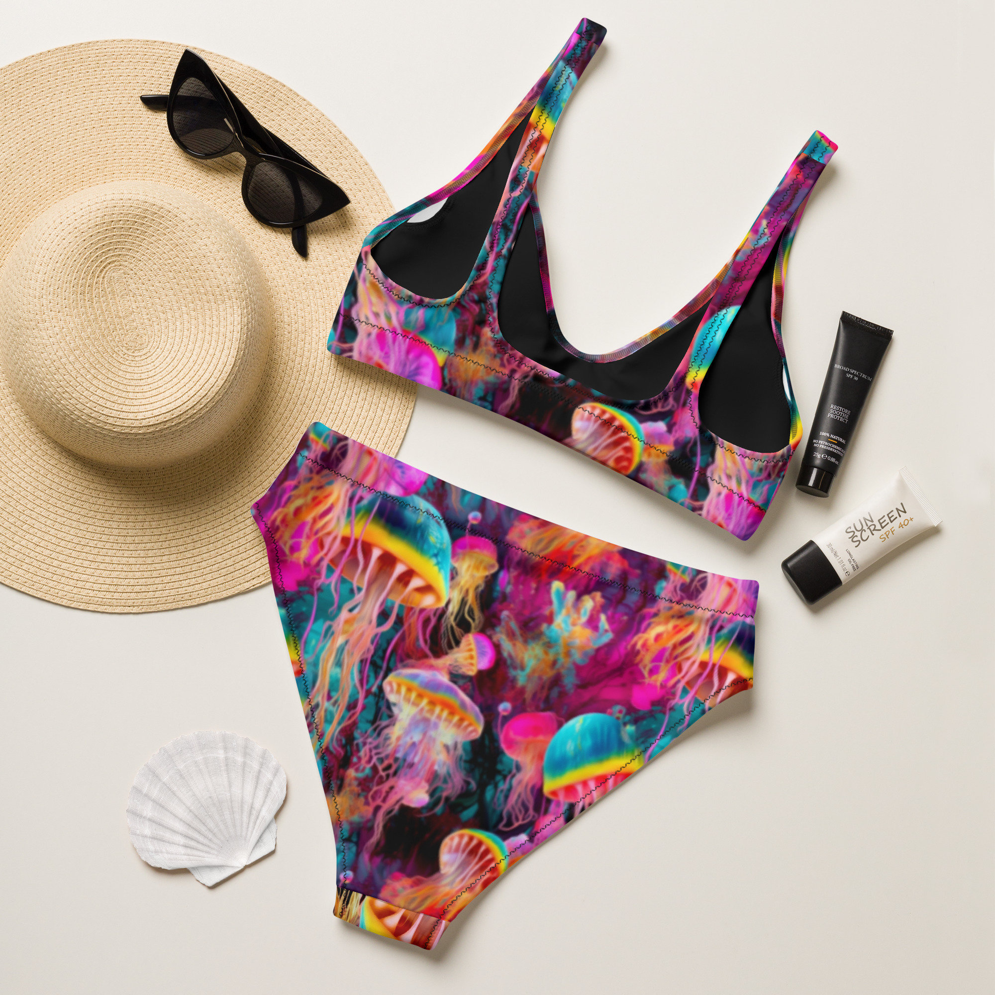 High-waisted Psychedelic Bikini Cute Jellyfish Print Colorful Rainbow ...