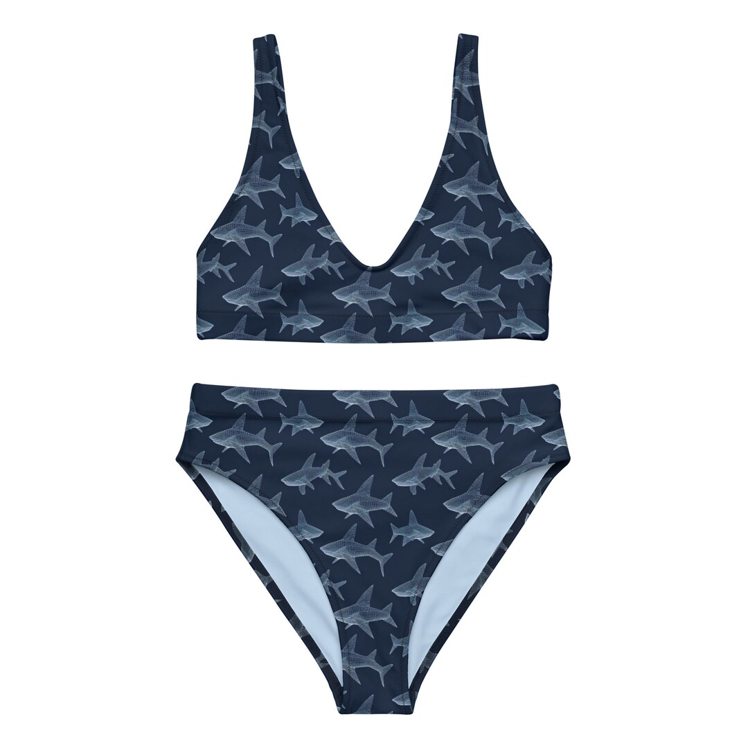 High-waisted Bikini Set Shark Animal Print Abstract Geometric Retro ...