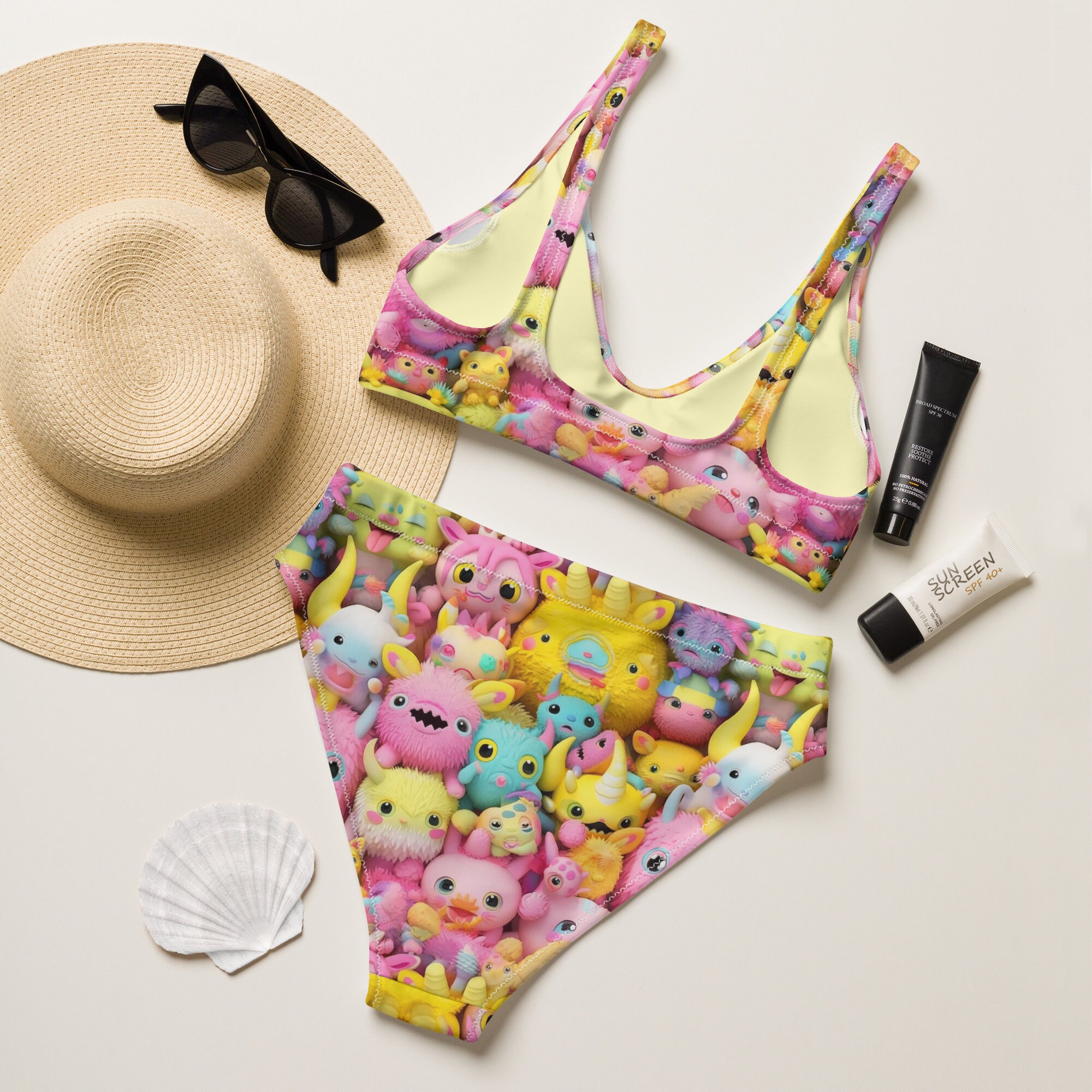 High Waisted Bikini Set Cute Yellow Kawaii Bikini Rainbow Bikini Decora Kei Colorful Psychedelic
