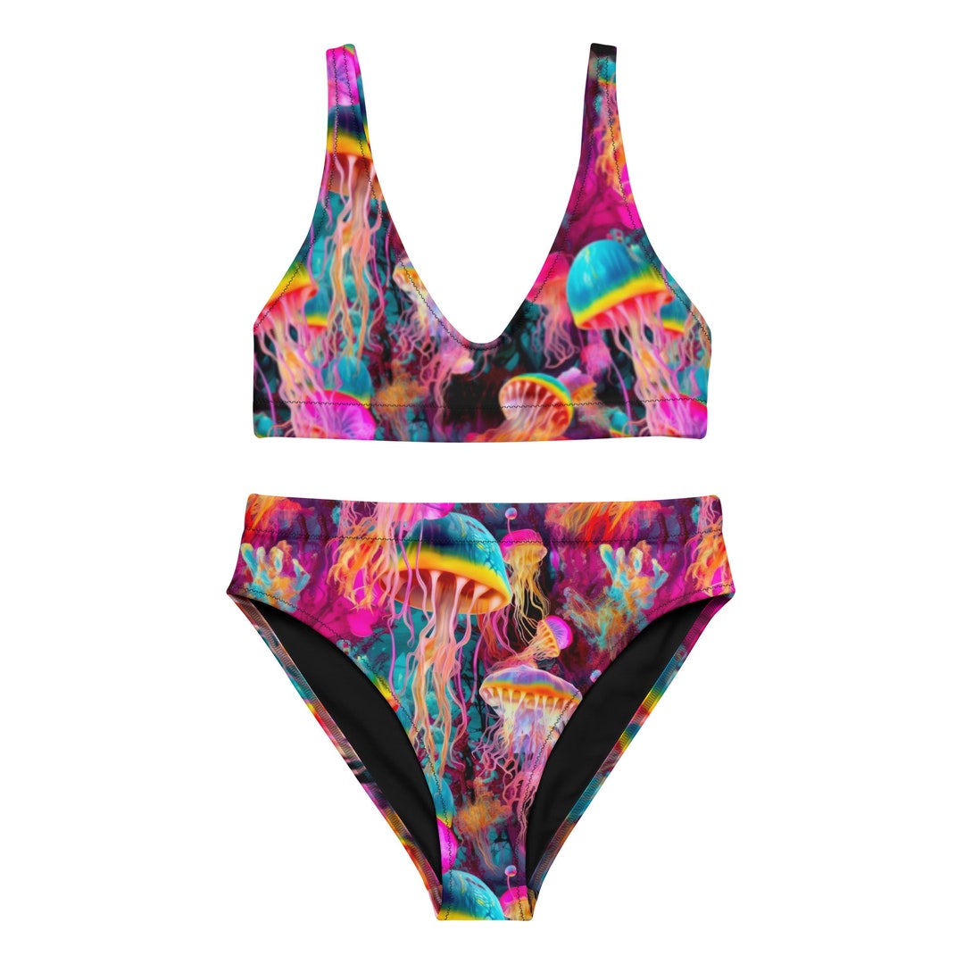 High-waisted Psychedelic Bikini Cute Jellyfish Print Colorful Rainbow ...