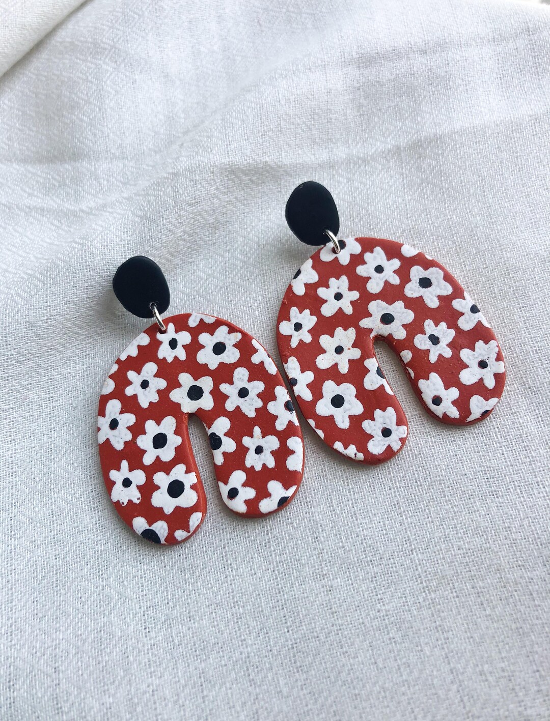 Orange Floral Print Groovy Earrings | Polymer Clay, Lightweight Ditsy ...