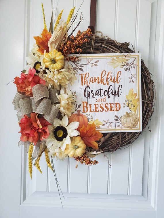Fall Wreath Thankful Grateful and Blessed Wreath Sunflower - Etsy