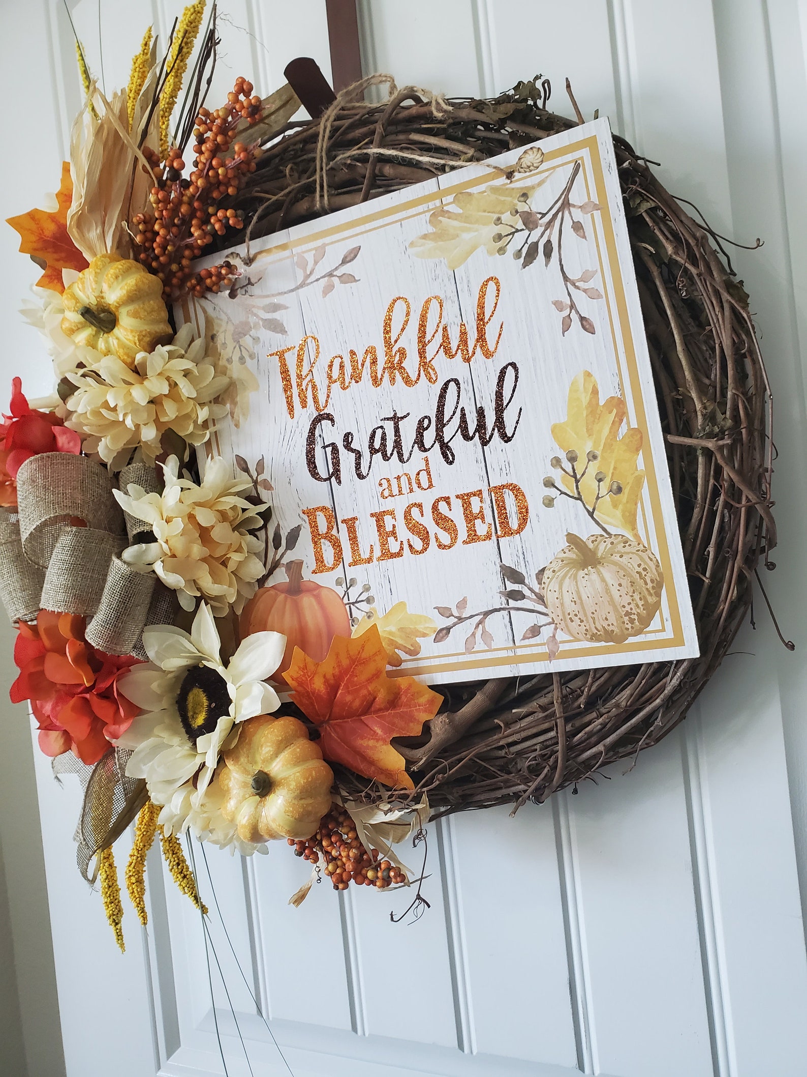 Fall Wreath Thankful Grateful and Blessed Wreath Sunflower - Etsy