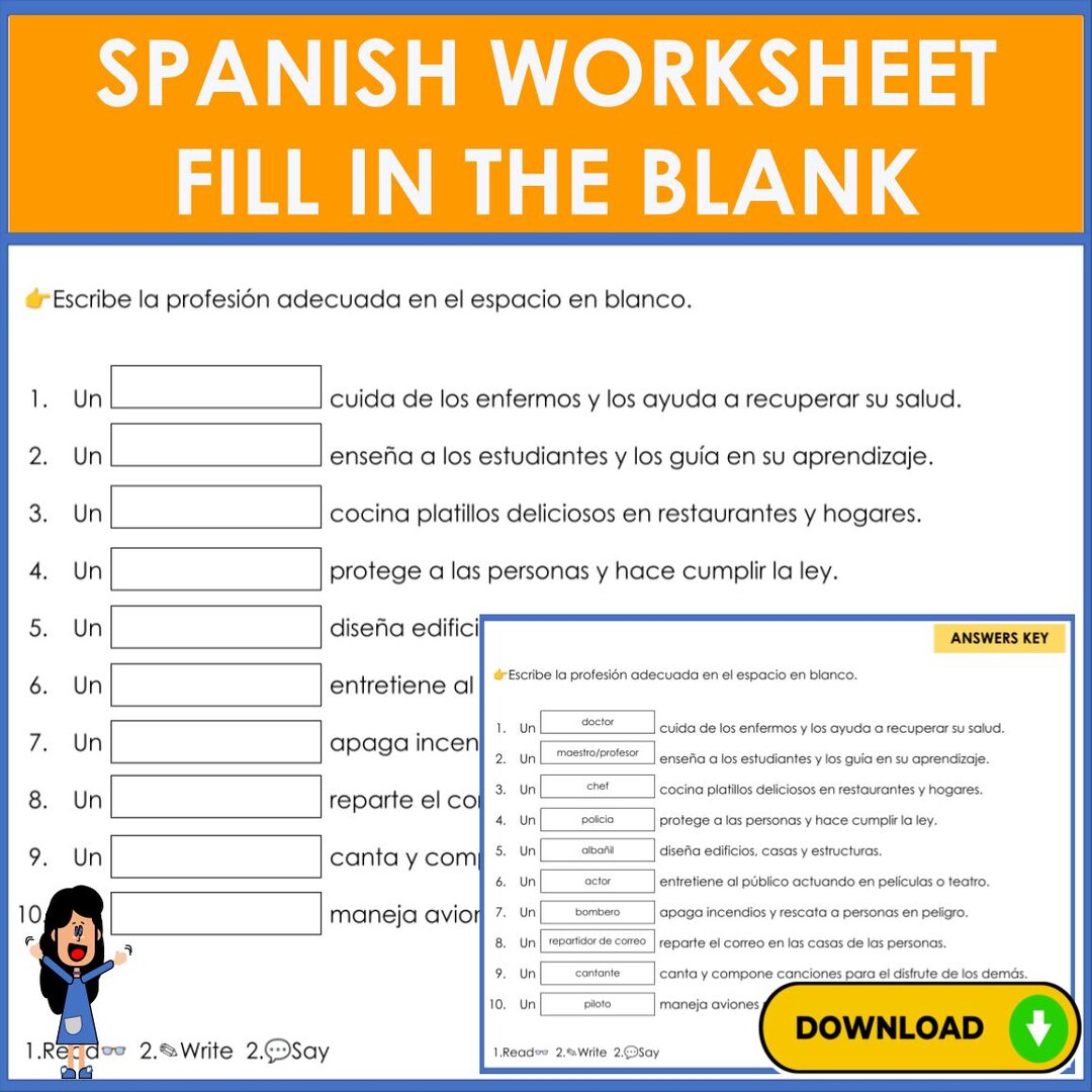Spanish Professions Worksheet - Fill in the Blanks - Etsy