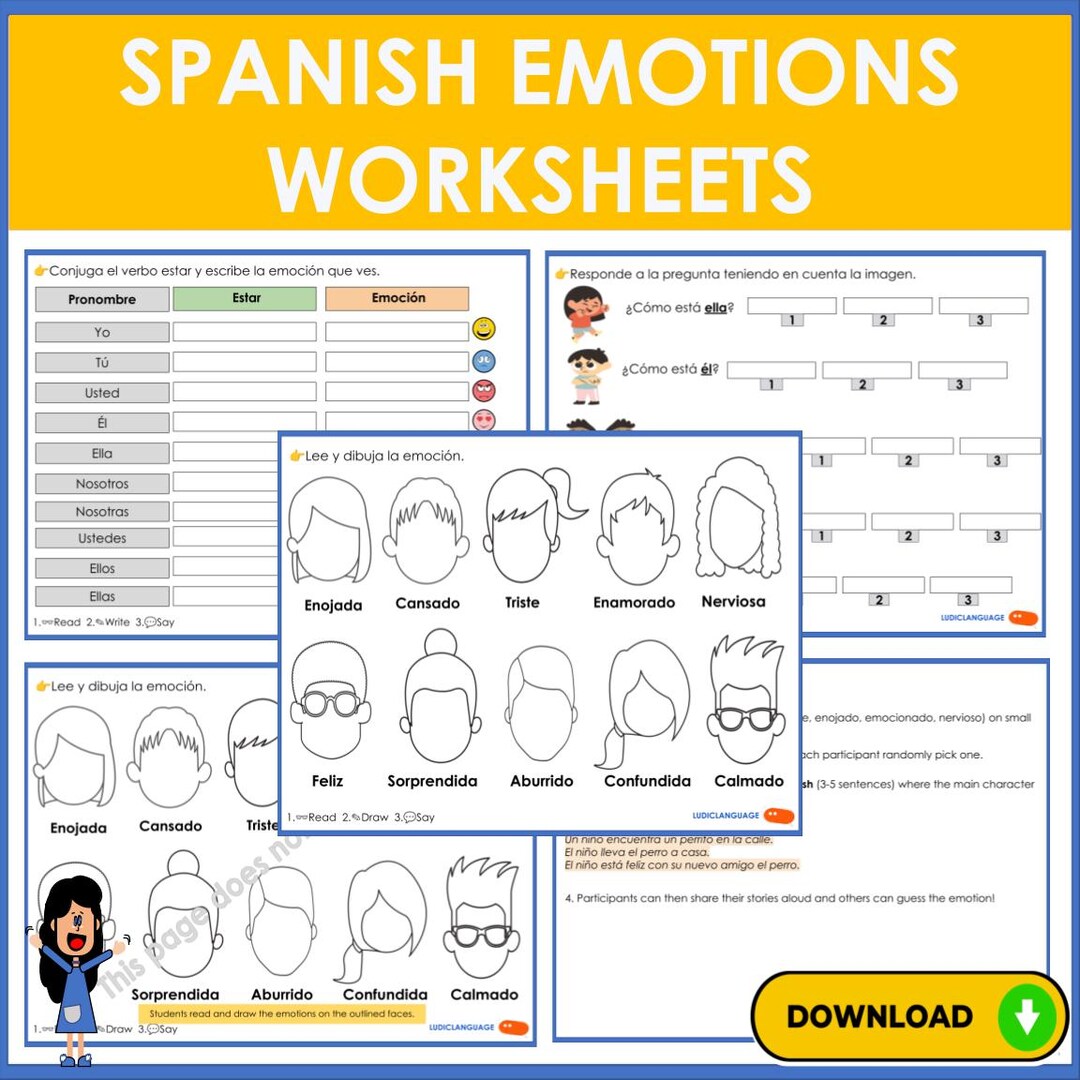 Spanish Emotions Worksheets - Etsy