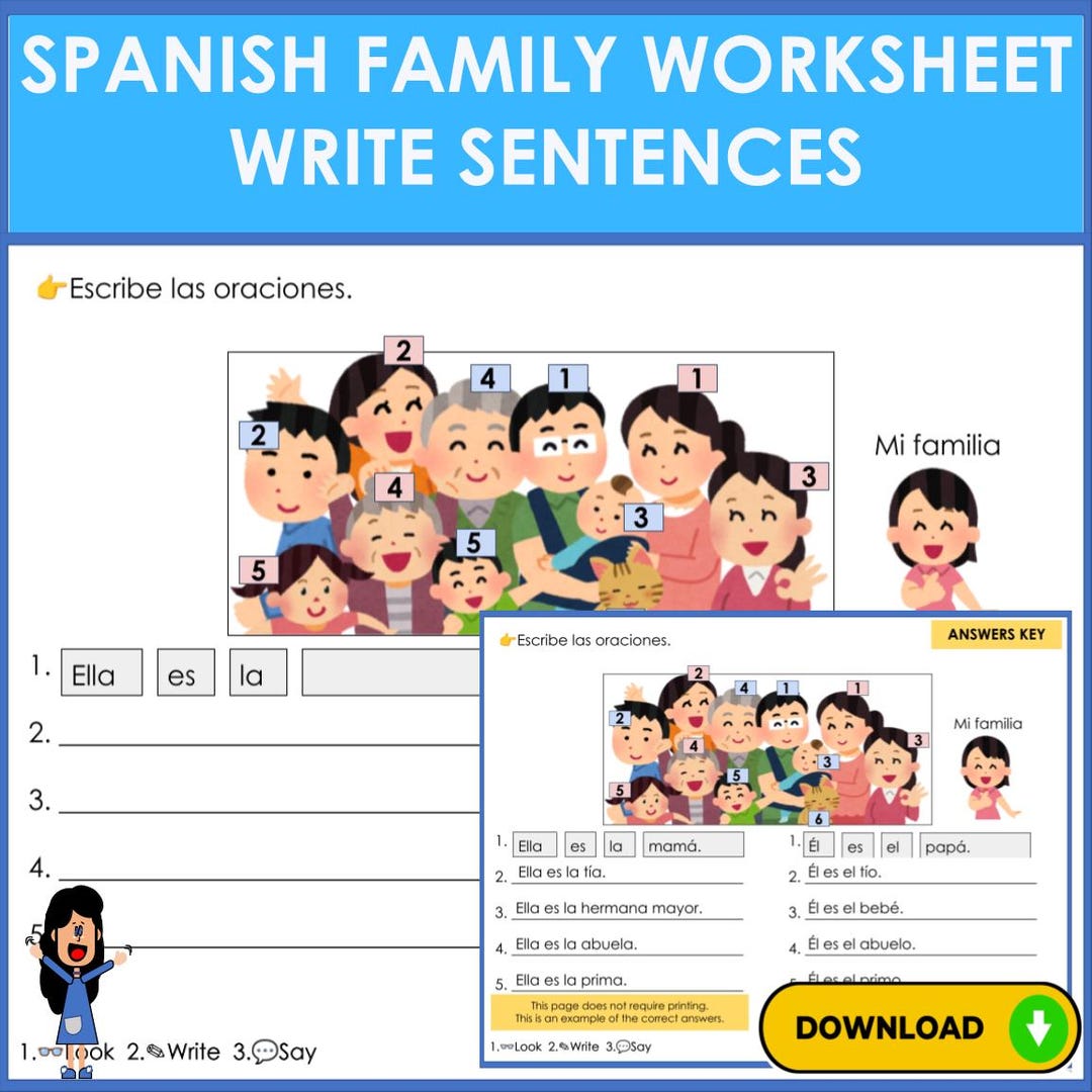 Spanish Family Worksheet - Write Sentences - Etsy