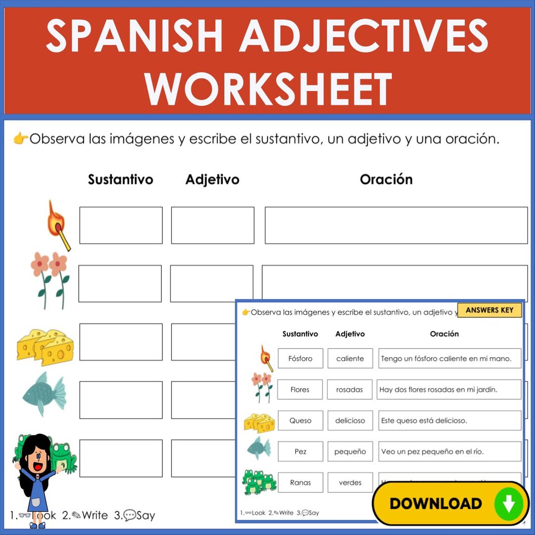 Spanish Adjectives Worksheet - Etsy Australia