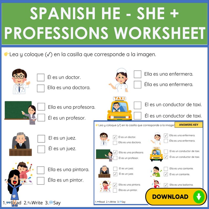 Spanish He - She + Professions Worksheet - Etsy