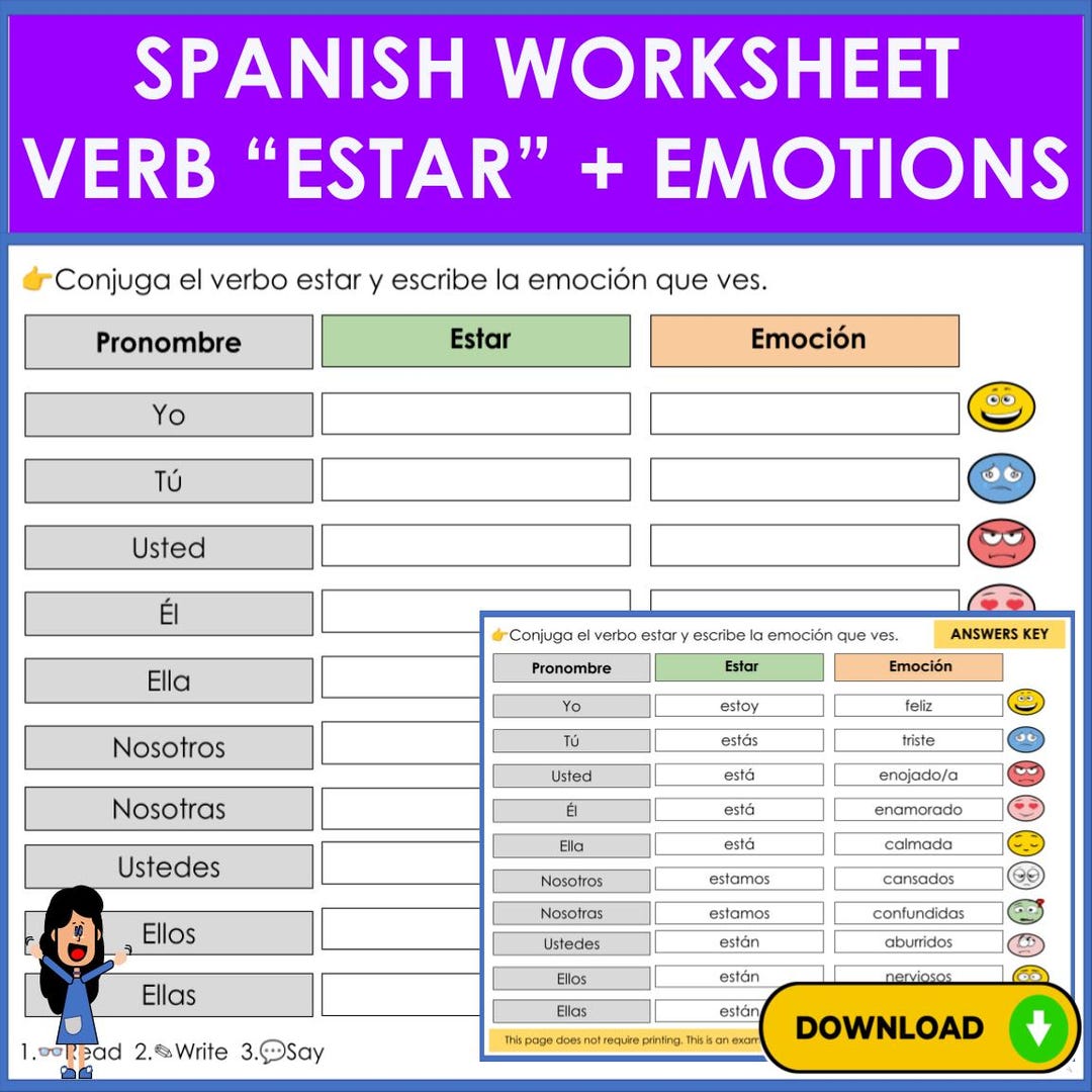 Verb "estar" + Emotions Worksheet - Fill in the Blanks - Etsy