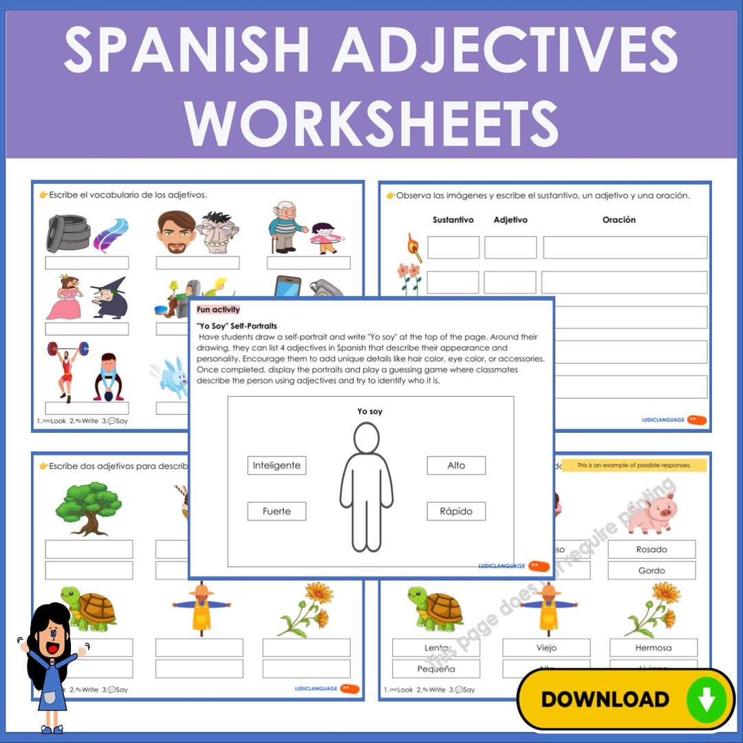 Spanish Adjectives Worksheets - 30 Min Fun Activities - Etsy