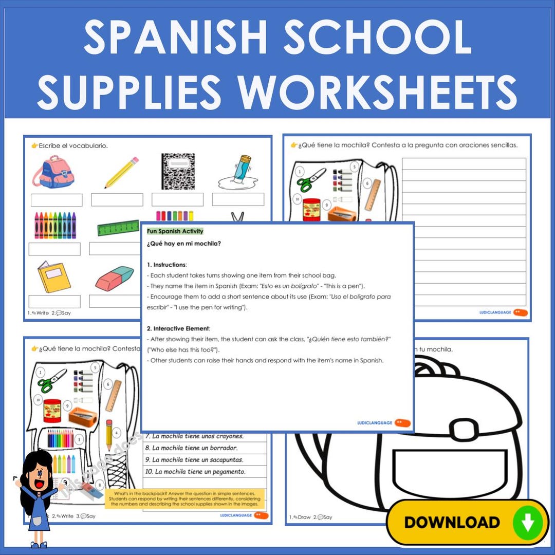 Spanish School Supplies Worksheets - Etsy