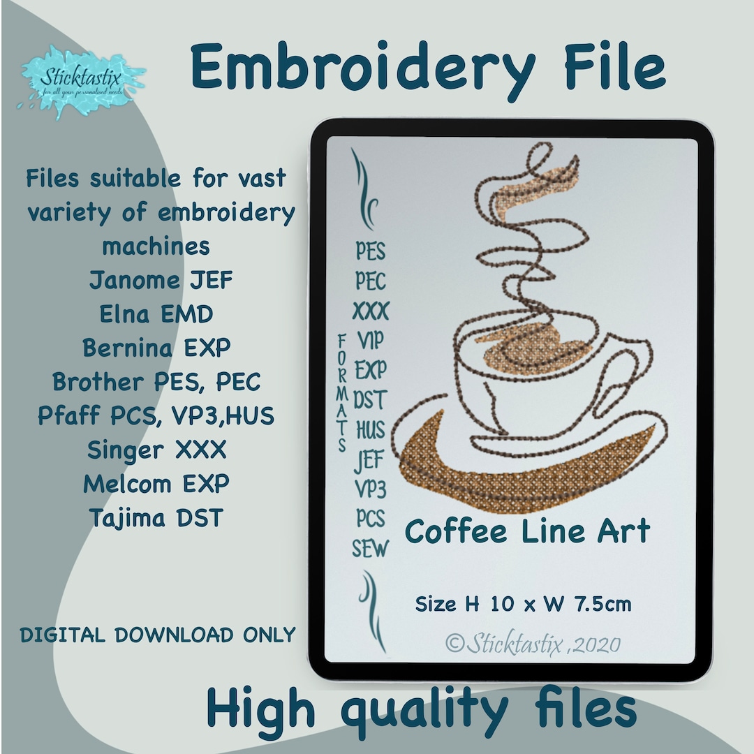 Coffee Embroidery Design Tea Line Art 15cm Machine Embroidery Digital ...