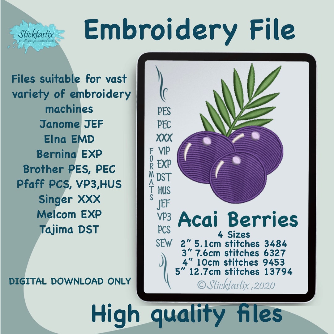 Acai Berries Embroidery Design Fruit for Embroidery Machine 4 Sizes ...
