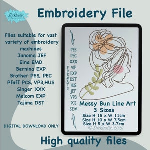 Messy Bun Embroidery Design Line Art Machine Embroidery 3 Sizes Digital ...