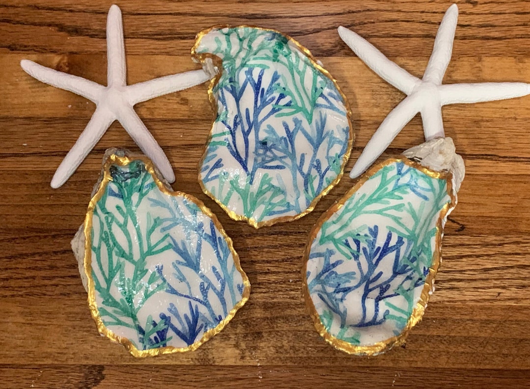 Teal and Blue Coral Gilded Oyster Shell Dish - Etsy