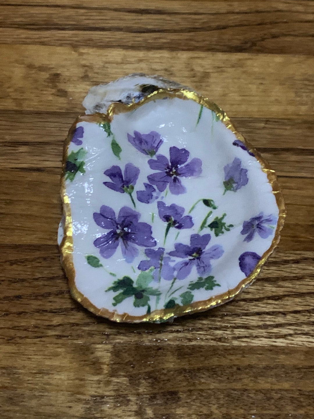 Purple Flowers Gilded Oyster Shell Ring Dish - Etsy
