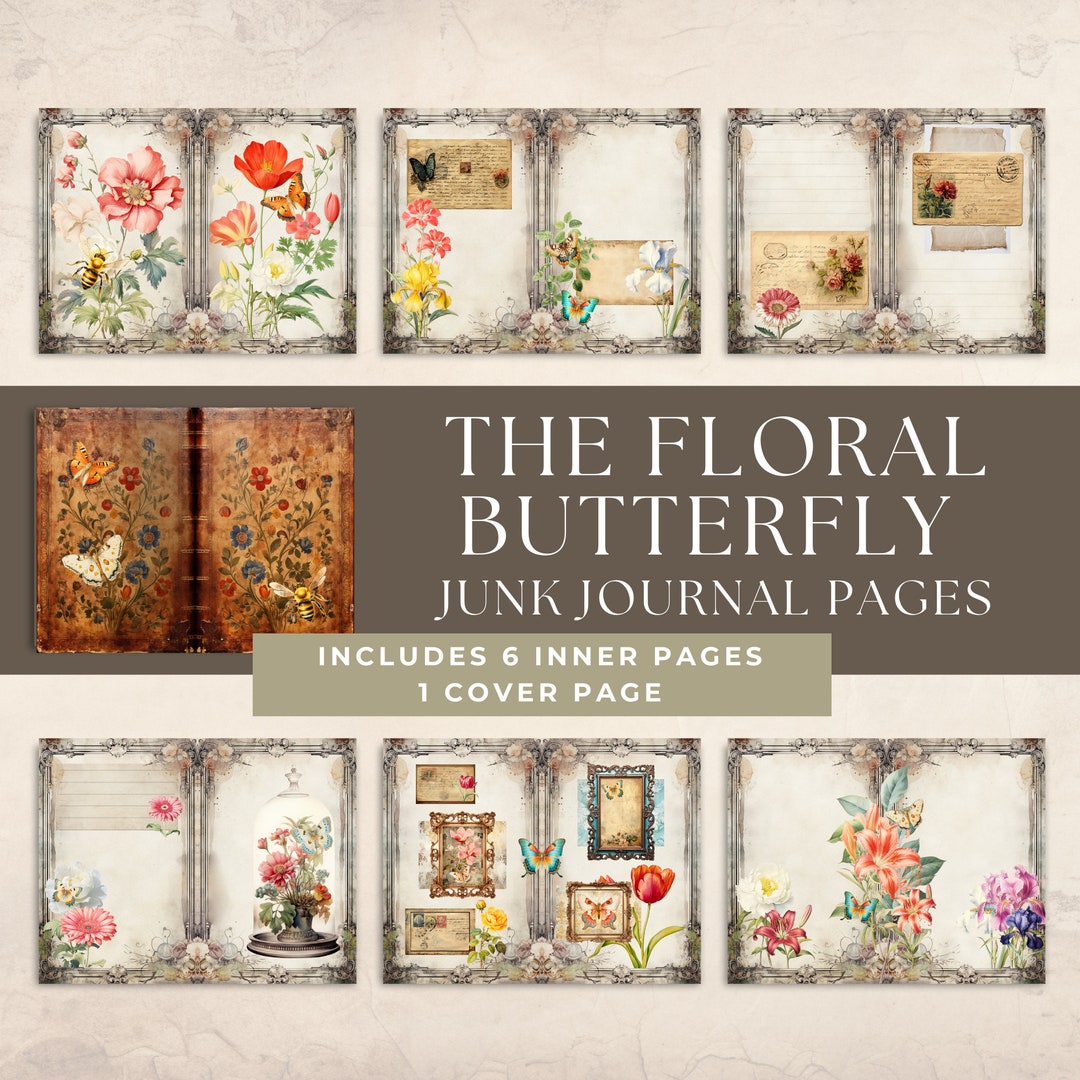 Junk Journal Kit Pages With Butterflies and Flowers, Vintage-style Junk ...
