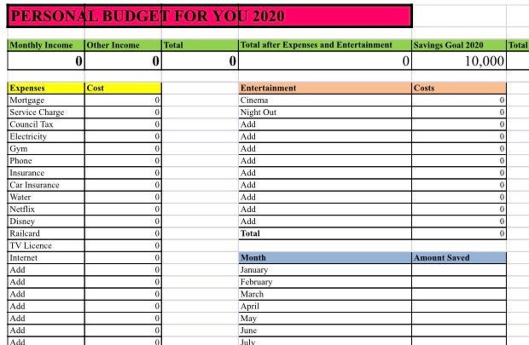 Editable Basic 2020 Budget Spreadsheet - Etsy