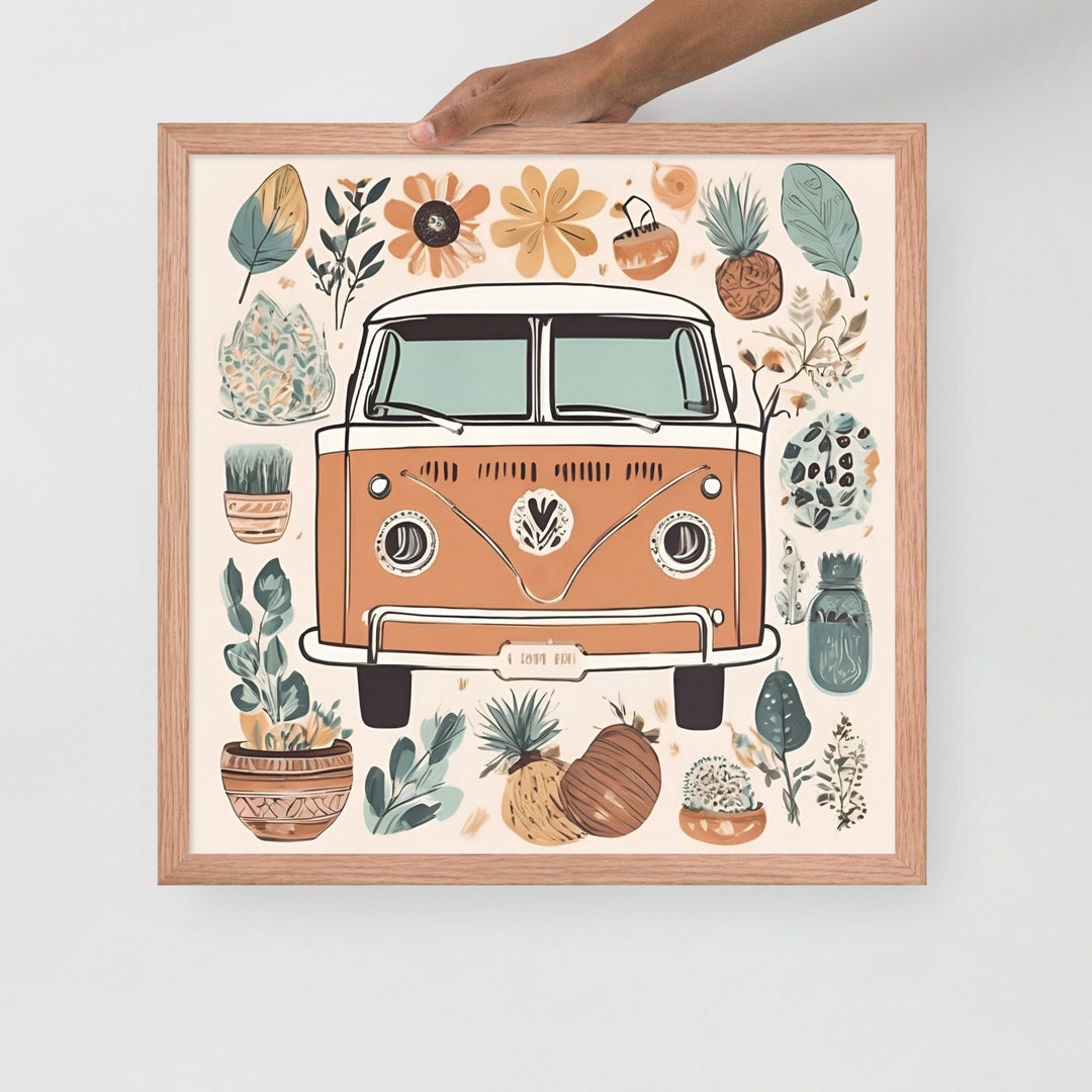 Boho Framed Poster, Wall Decor, Plants, Floral VW Bug, Van Life, Green ...