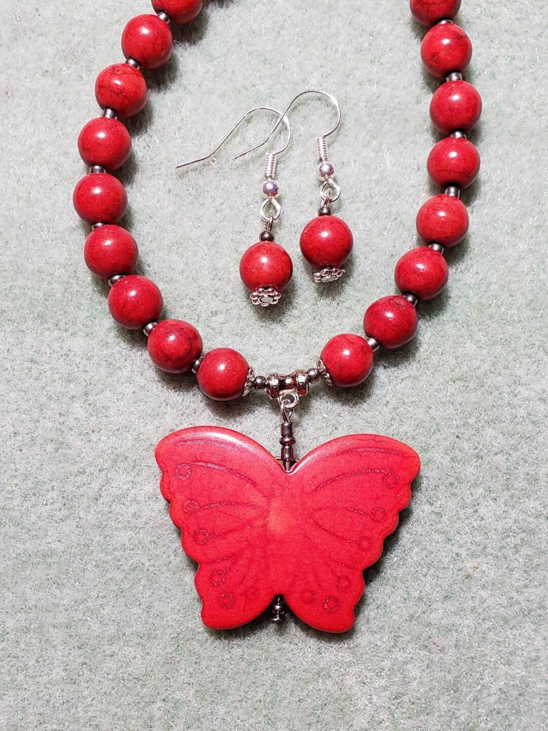 Red Butterfly Necklace and Earring Set. 18 Inch Bead Necklace With ...