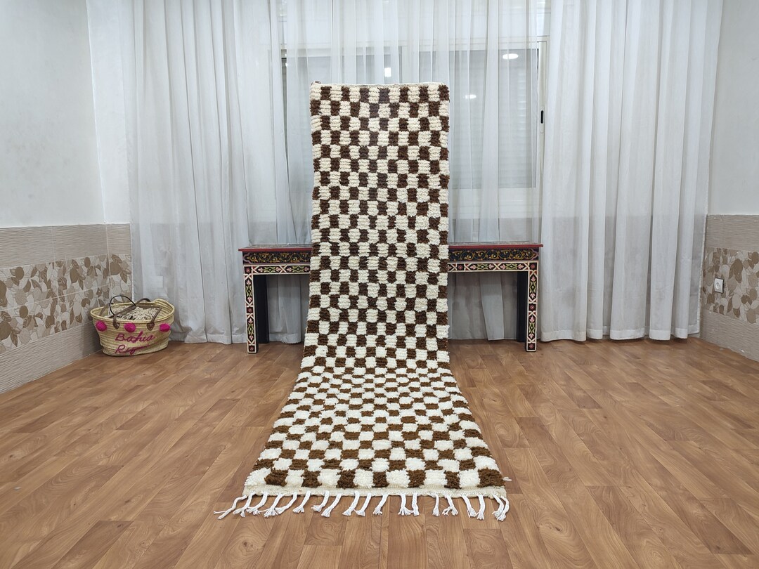 Large Brown and White Checkered Area Rug, Moroccan Berber Checkered Rug ...