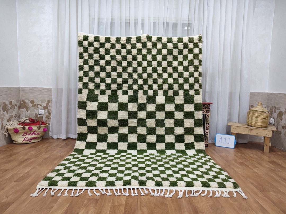 Large Green and White Checkered Rug, Moroccan Berber Checkered Rug ...