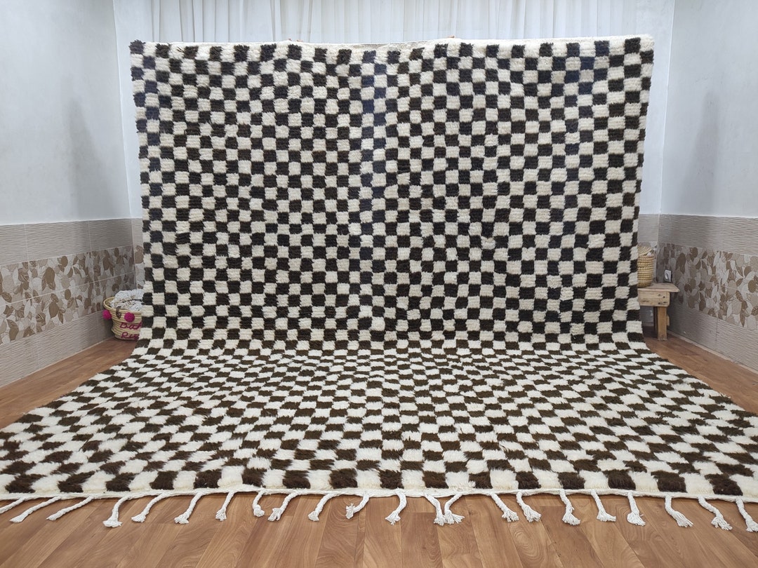Large Brown and White Checkered Rug, Moroccan Berber Checkered Rug ...